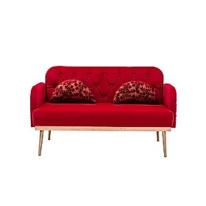 Small Velvet Couch, 55" Accent Sofa, Mid Century Modern Velvet Fabric Couch, Recliner Couch Accent Sofa Loveseat Sofa with Metal Feet, 600 Pounds Weight Capacity (Red, 55")