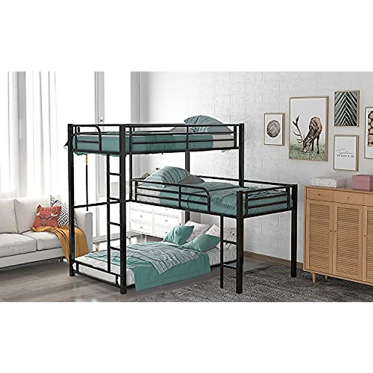 ATH-S Metal Bunk Bed with Desk, Twin Over Twin Over Full Bunk Beds, L-Shaped Metal Triple Twin Over Full Bunk Bed Teens Adult, Black with Desk (Color : Black)