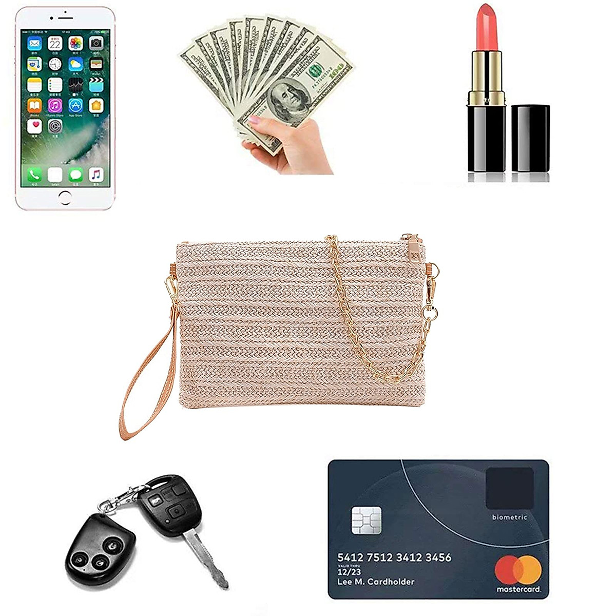 ZLM BAG US Natural Straw Boho Purse Zipper Wristlet Handbag Handmade Straw Crossbody Shoulder Bag