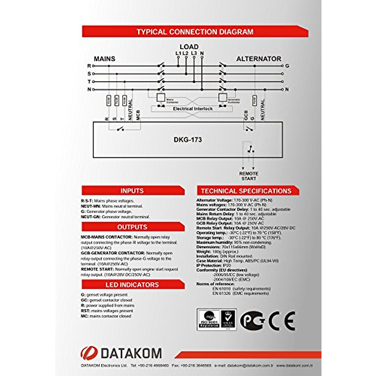 DATAKOM DKG-173 230/400V Generator/Mains Automatic Transfer Switch Panel (ATS)