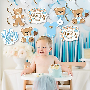 20pcs Blue Bear Baby Shower Party Hanging Swirls Decorations, We Can Bearly Wait Baby Shower Decorations for Boy, Foil Ceiling Swirls Teddy Bear Them Hanging Decor Streamers Birthday Party Supplies