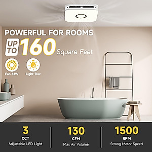 OFANKU 2-in-1 Bathroom Exhaust Fan with Light, 32W Vent Fan - 130 CFM & 1.5 Sones, 16W 1200lm LED Light - 3000K/4000K/5000K Adjustable, Easy to Install, Quiet Bathroom Fan for Home, Bath, Hotel, Etc.