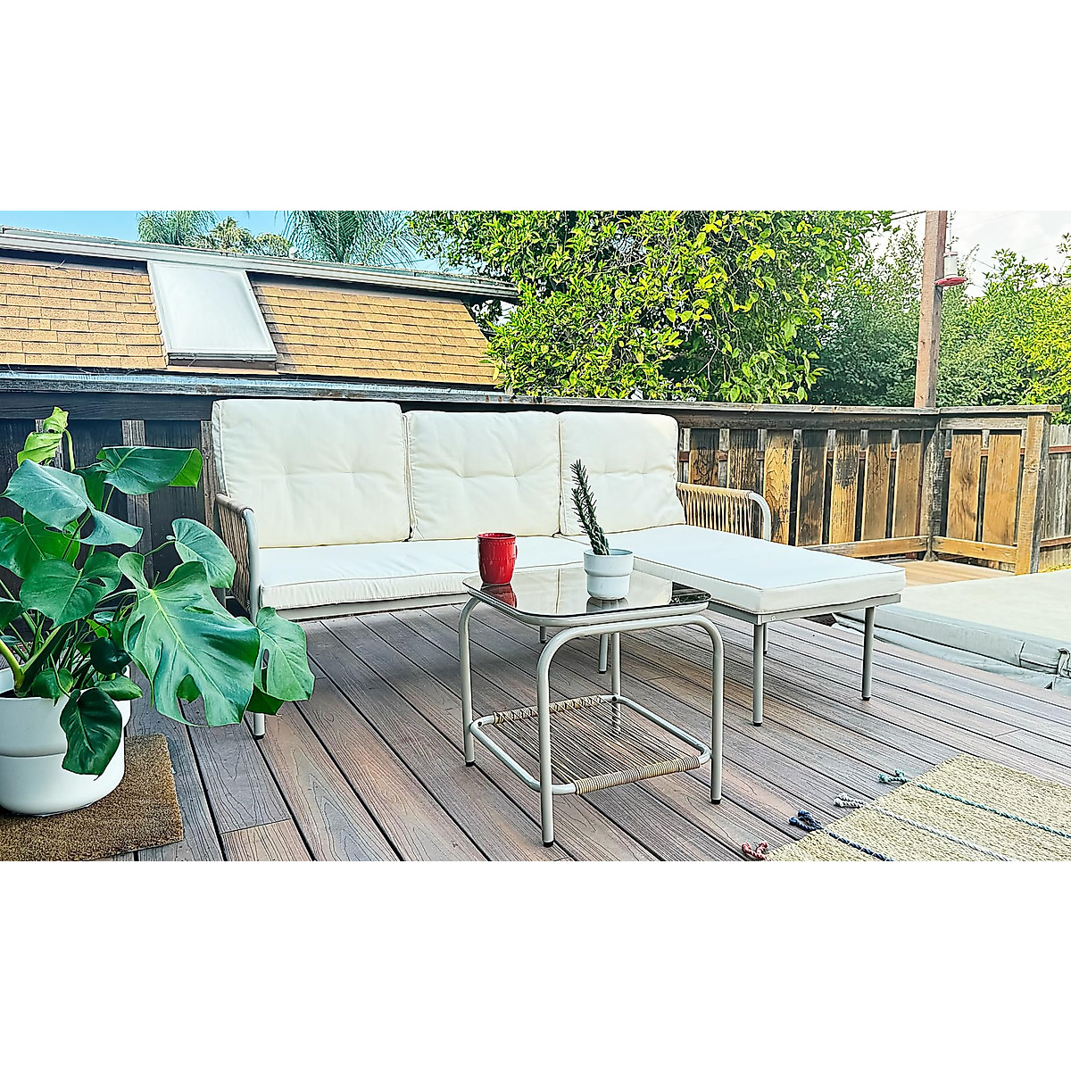 YITAHOME 3 Pieces Patio Furniture Set, Outdoor Wicker Conversation Set, All-Weather Rattan Sectional L-Shaped Sofa Detachable Lounger with Cushions and Coffee Table for Backyard, Porch, Boho - Beige