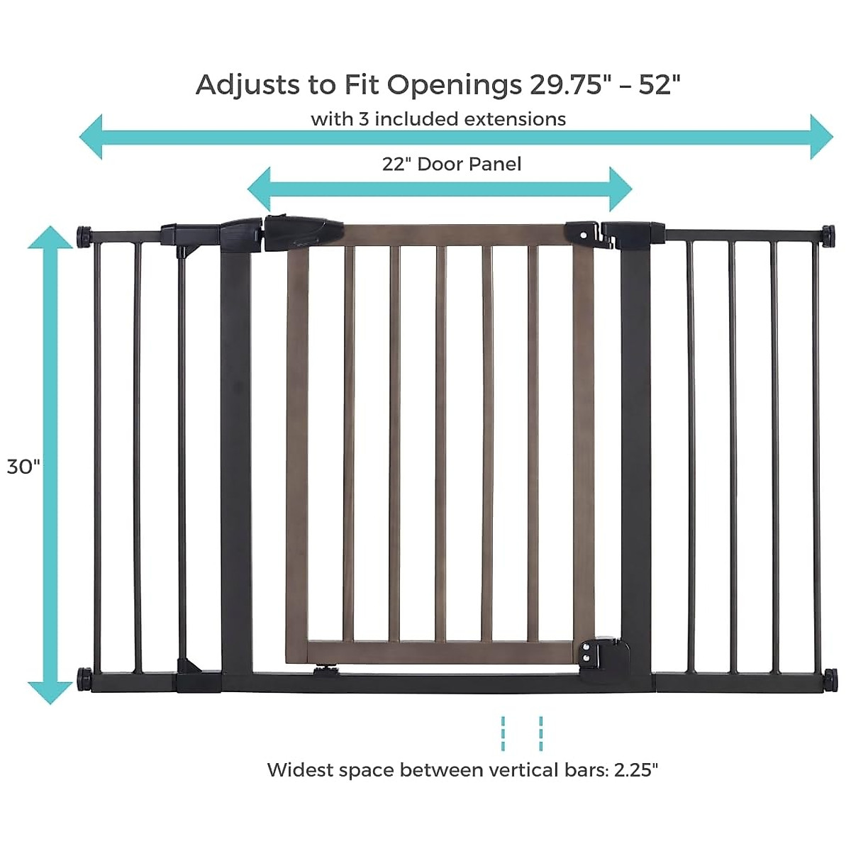 Toddleroo by North States Driftwood Extra Wide Auto Close Baby Gate: Self-Closing Child Gate with Hold-Open Feature. Pressure Mounted Baby Gate, Fits 29.75” to 52” Wide. (30" Tall, Graphite and Wood)
