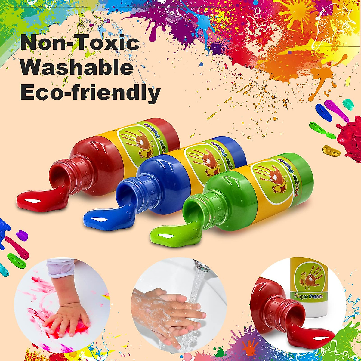 Magicdo 12 PCS Washable Non-Toxic Finger Paint for Kids Toddlers 1-3, Tempera Paint for DIY Crafts Painting, Safe Bath Paint, School Painting (12colors X 1fl oz)