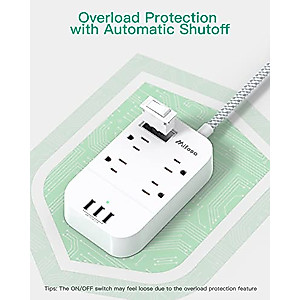 Power Strip Long Extension Cord - 10Ft Braided Extension Cord with Flat Plug, 4 Outlets and 3 USB Charging Ports, Overload Protection and Wall Mount for Home, Office