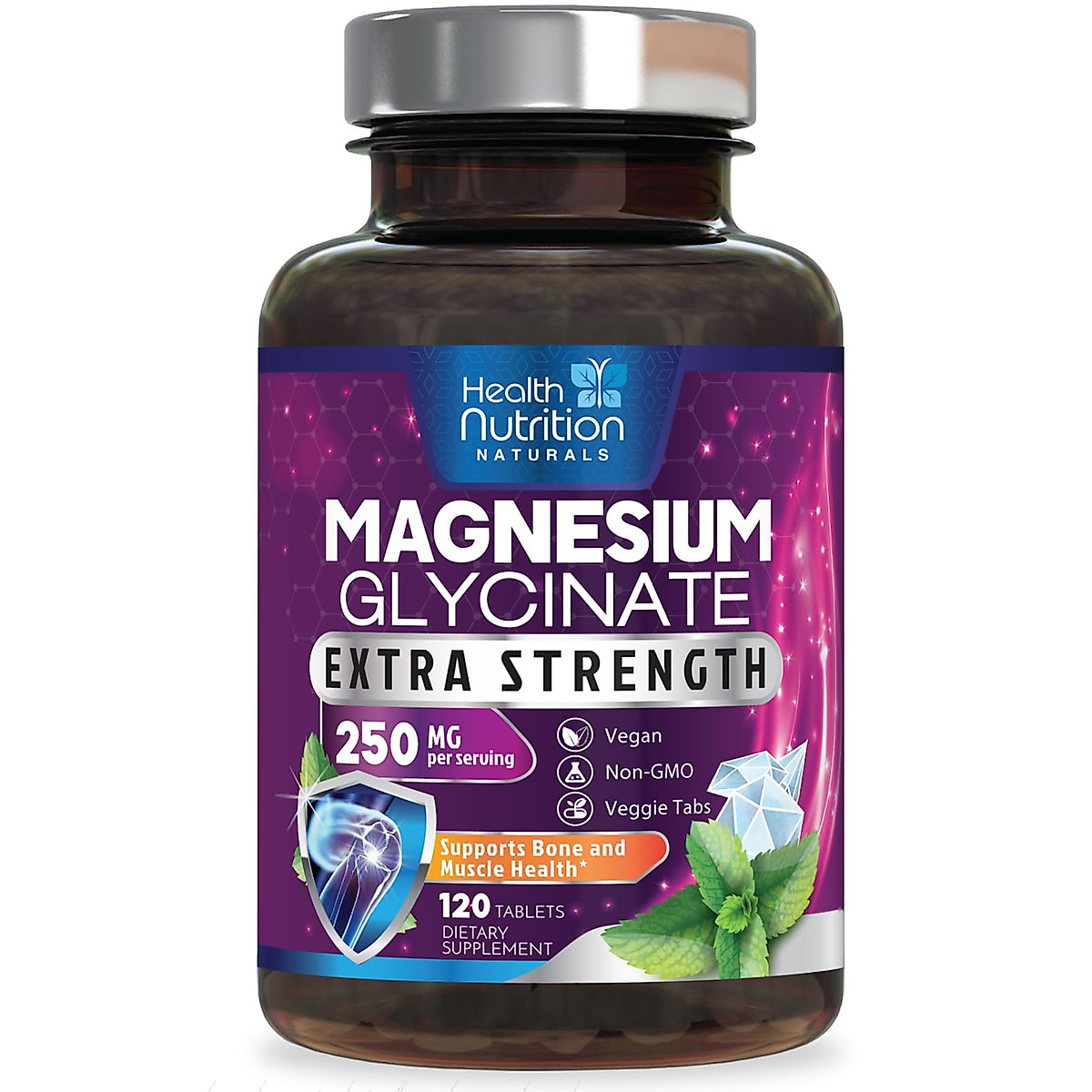 Magnesium Glycinate 250 mg - Natural, High Absorption Magnesium Tablets Chelated for Muscle, Nerve, Bone & Heart Health Support - Gentle Form, Non-GMO, Gluten Free, Vegan Supplement - 120 Tablets