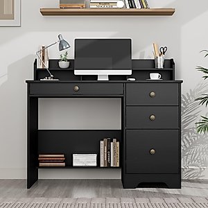 TTVIEW Computer Desk with Drawers and Hutch Shelf, Wood Executive Desk Writing Study Table with 43” Wide Tabletop, Small Desk with File Drawer for Home Office Bedroom, Black