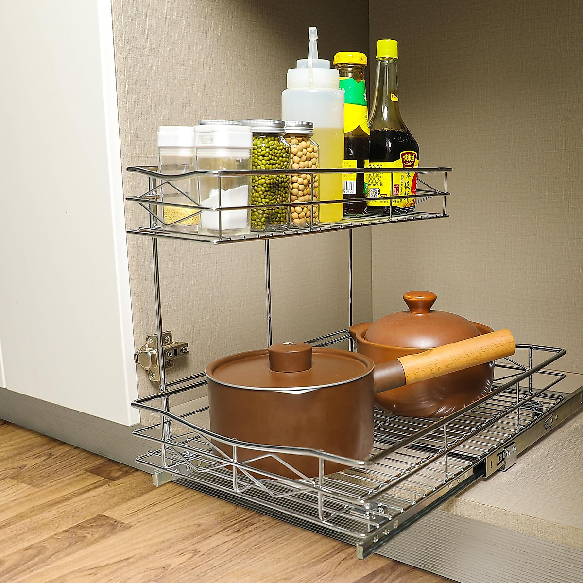 TQVAI Pull Out Cabinet Organizer, 2 Tier Under Sink Storage Shelf with Sliding Drawer, Wire Kitchen Slide Out Basket - 11.75W x 17D x 13.25H, Request at Least 12.5 Inch Cabinet Opening
