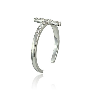 Hoops & Loops 925 Sterling Silver Cubic Zirconia Sideways Cross Open Toe Ring for Women Teen Girls Men, Silver