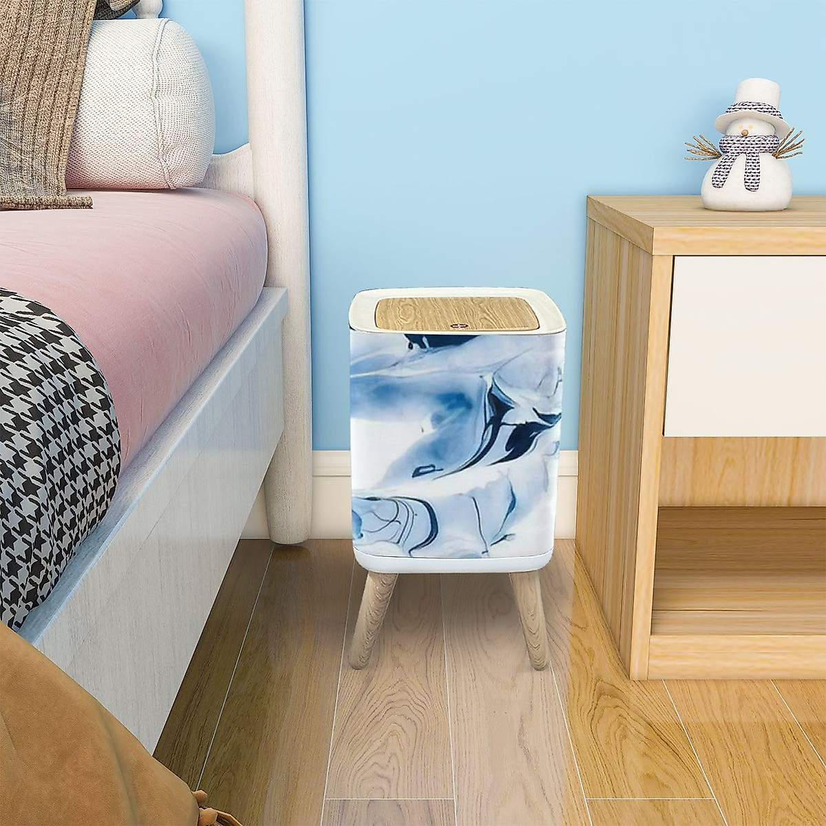 Trash Can with Lid Creative Light Dyed Art Splatters Navy Acrylic Paint Flow Modern Blue Garbage Can Rectangular Waste Bin Press Cover Dog Proof Wastebasket for Kitchen Bathroom Living Room Nursery