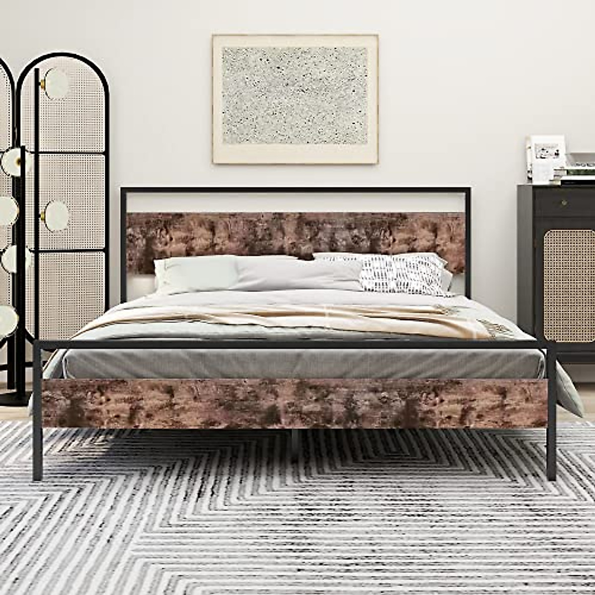 alazyhome Modern Industrial King Size Bed Frame Metal Platform with Rustic Wooden Headboard and Footboard, No Box Spring Needed, Noise Free, Easy Assembly Black