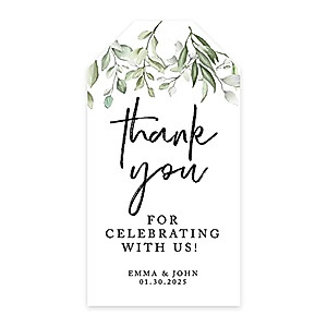 Andaz Press 100-Pack Personalized Thank You for Celebrating with Us Wedding Favor Tags with Bakers Twine Greenery Leaves Custom Cardstock Wedding Gift Tags for Wedding Party Favors 2 x 3.75-Inches