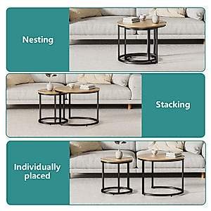 Smuxee Nesting Coffee Table Set of 2, 23.6" Round Coffee Table Brown Wood with Adjustable Non-Slip Feet, Industrial End Table Side Tables for Living Room Bedroom Balcony Yard