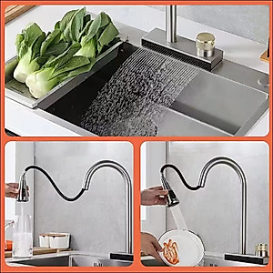 Kitchen Faucet with Pull Down Sprayer Stainless Steel Brushed Nickel Waterfall Faucet Farmhouse Commercial Bar Waterfall Kitchen Sink Faucet,Black