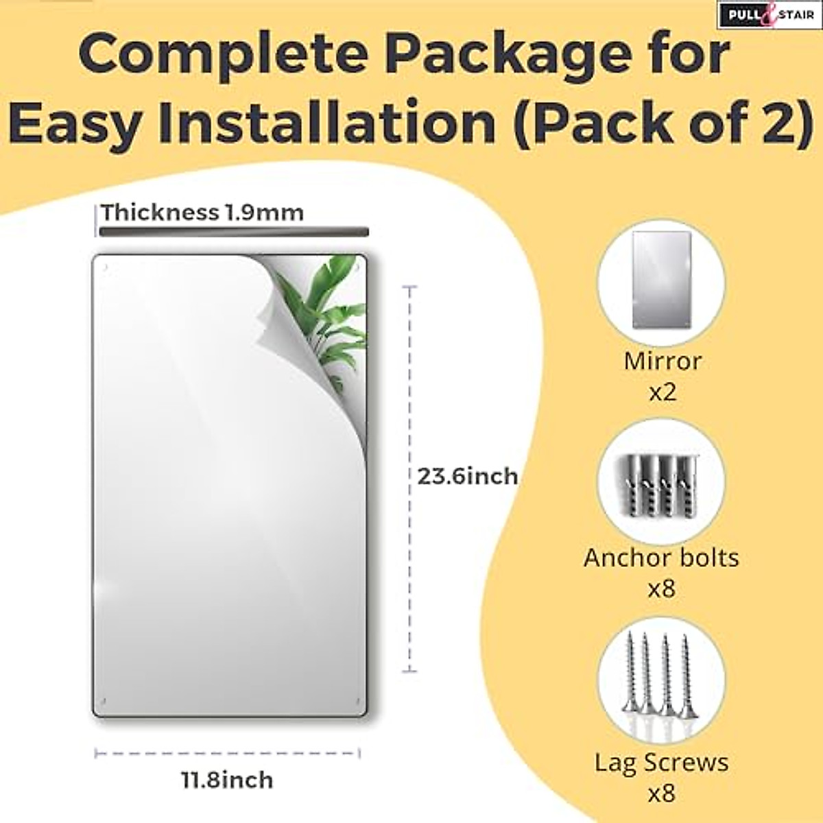 Pull and Stair Unbreakable Kids Wall Mirror - Heavy Duty Plexiglass Acrylic, Rounded Corners, Hardware Included - 2 pcs Set