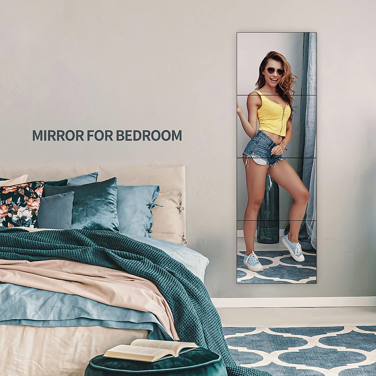 PETAFLOP Full Length Mirror Tiles, 4Pcs 14x11 Inch Glass Full Body Wall Mirror for Home Gym Bedroom Living Room Closet Door Dorm