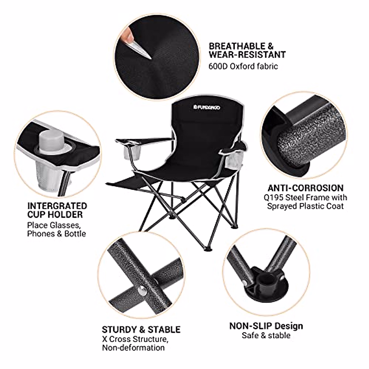 FUNDANGO 9C2215 USVC Camping Chair, Oversized, Black-2