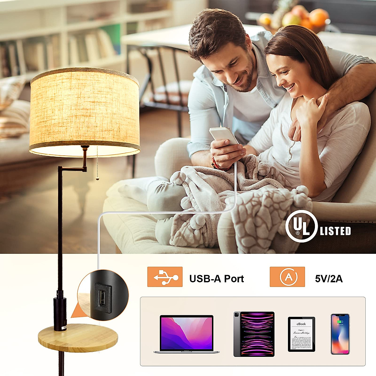 DLLT Living Room LED Floor Lamp- Standing Accent Light with USB Charging Port, Energy Saving, Tall Pole Lighting with Beside Table, Mid Century Contemporary Rooms Lamps, E26 Warm Lights,Fabric Shade