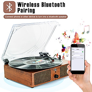 Record Player Bluetooth Turntable for Vinyl with Speakers & USB Player,Vinyl to USB,3 Speed Belt Driven LP Vintage Phonograph for Home Decoration