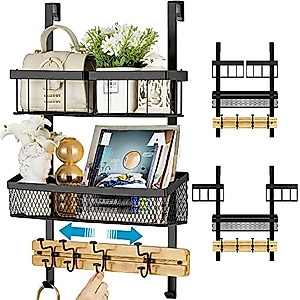 ETECHMART Over The Door Hooks Organizer, Door Hanger with 3 Mesh Baskets & Bamboo Coat Rack, Heavy Duty Towel Rack for Bathroom Kitchen Hanging Clothes Hats, Heavy Duty Back of Door Storage, Bamboo