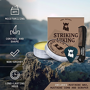 Striking Viking Mustache Wax & Comb Kit - Beard & Mustache Care for Men with Strong Hold Natural Beeswax - Tame, Style & Groom, Sandalwood Scent, 2 Ounce
