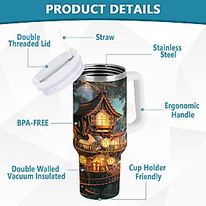 ODAWA Bright Fantasy Tree House Insulated Coffee Mug with Lid Coffee Tumbler Reusable Stainless Steel Tumblers