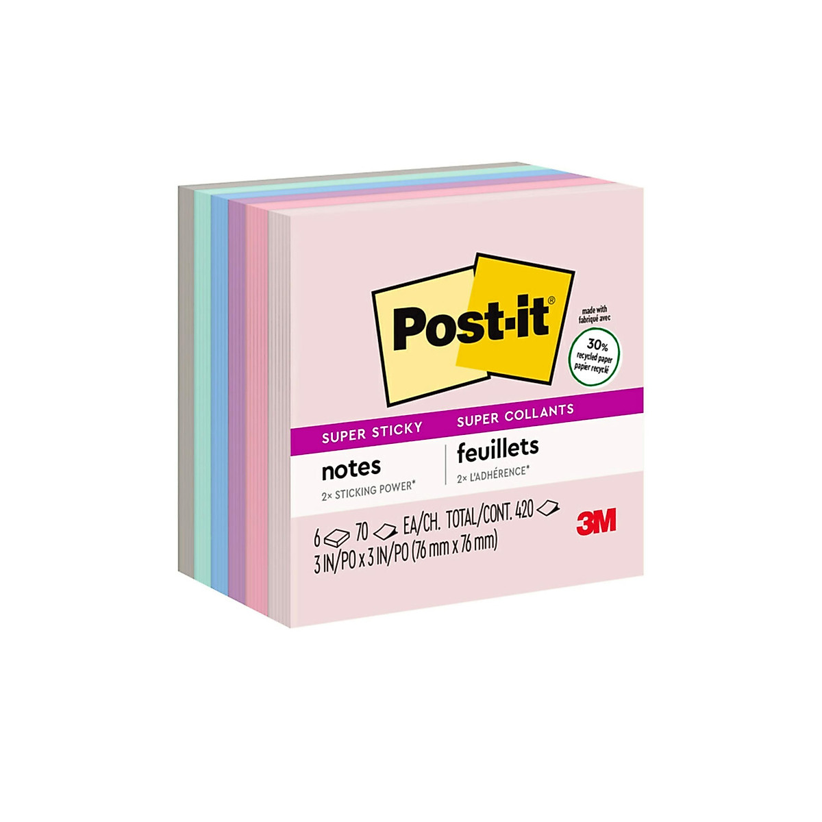 Post-it Super Sticky Recycled Notes, 5 Pastel Colors, Sticks and Resticks, 3 in x 3 in