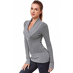 AmélieBoutik Women Crossover Cable Knit V Neck Long Sleeve Pullover Sweater (Gray Large)