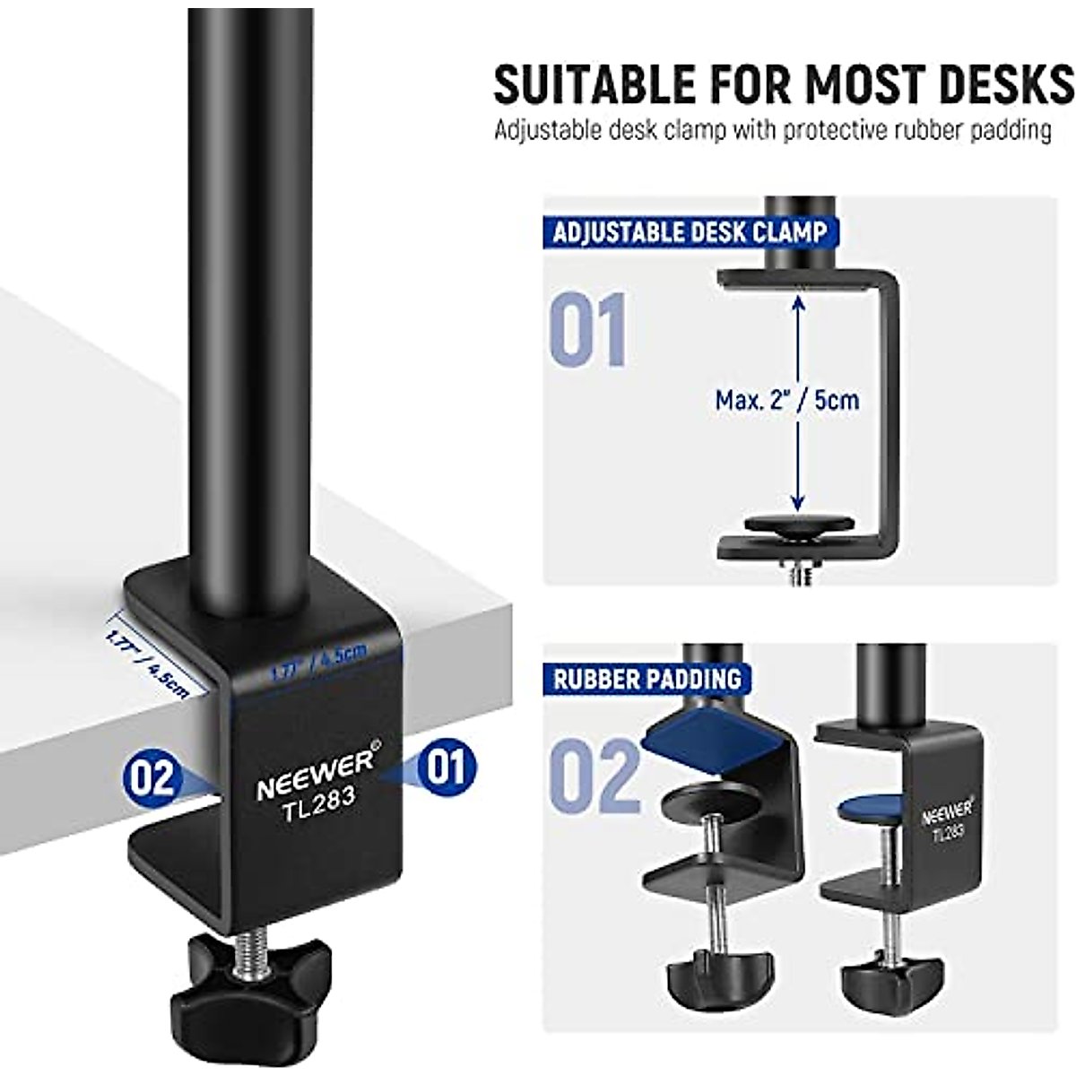 NEEWER Extendable Camera Desk Mount with 1/4" Ball Head, 17”-40” Adjustable Table Light Stand with 1/4" Screw Adapter and C Clamp for DSLR Camera, Ring Light, Live Stream, Vlog, Max Load: 6.6lb/3kg