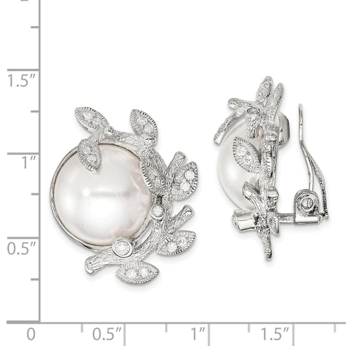 925 Sterling Silver Simulated Pearl Cubic Zirconia CZ Leaf Non Pierced Clip On Earrings
