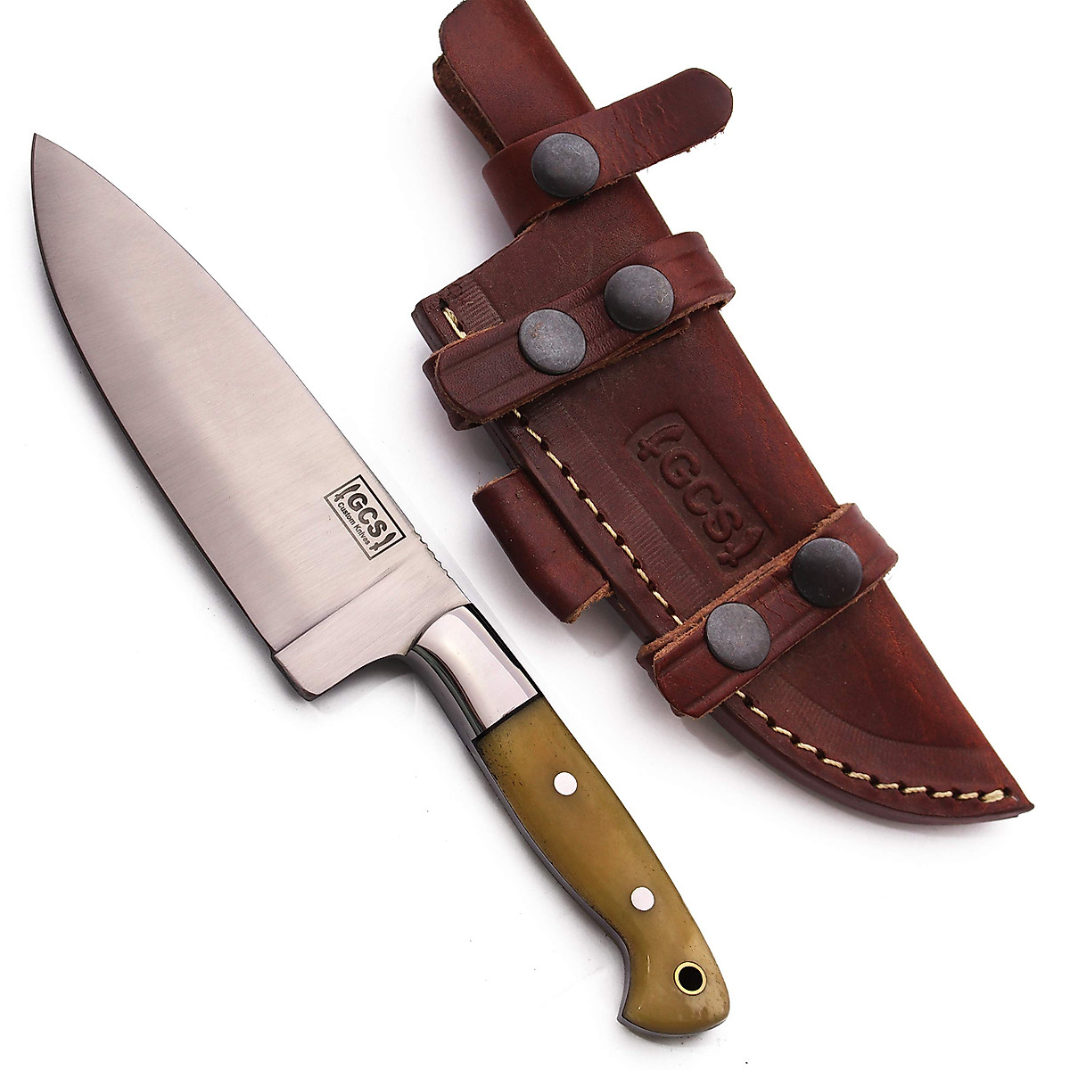 GCS Handmade Bone Handle D2 Tool Steel Chef Knife with leather sheath Full tang blade designed for Hunting & EDC GCS 179