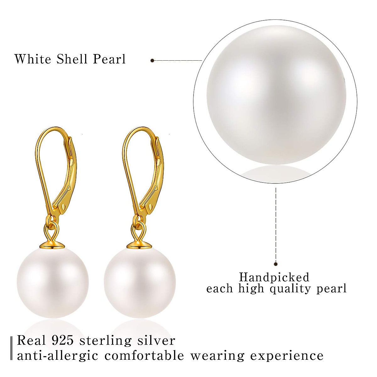 Esberry 925 Sterling Shell Pearl Silver Earrings 6-12mm Handpicked White Shell Pearl Drop Leverback Earrings for Women and Girls