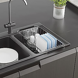 JAQ Small Dish Drying Rack in Sink Adjustable 14.96" to 20.59", Expandable 304 Stainless Steel Metal Dish Drainer Rack Organizer with Stainless Steel Utensil Holder Over Sink Counter (for 1-2 People)