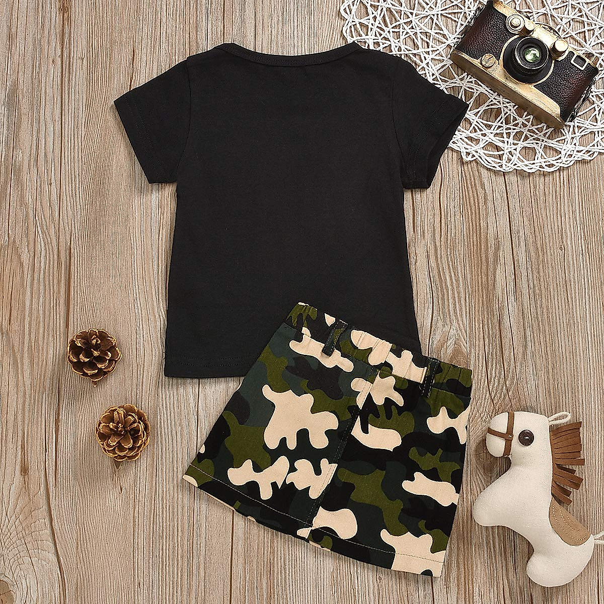 BOEBNOZCV Toddler Baby Girls Camouflage Outfit Black Letter Tops Shirt + Denim Skirt Dress Shorts Summer Two Piece Clothes Set (Camouflage Denim, 6-7 Years)