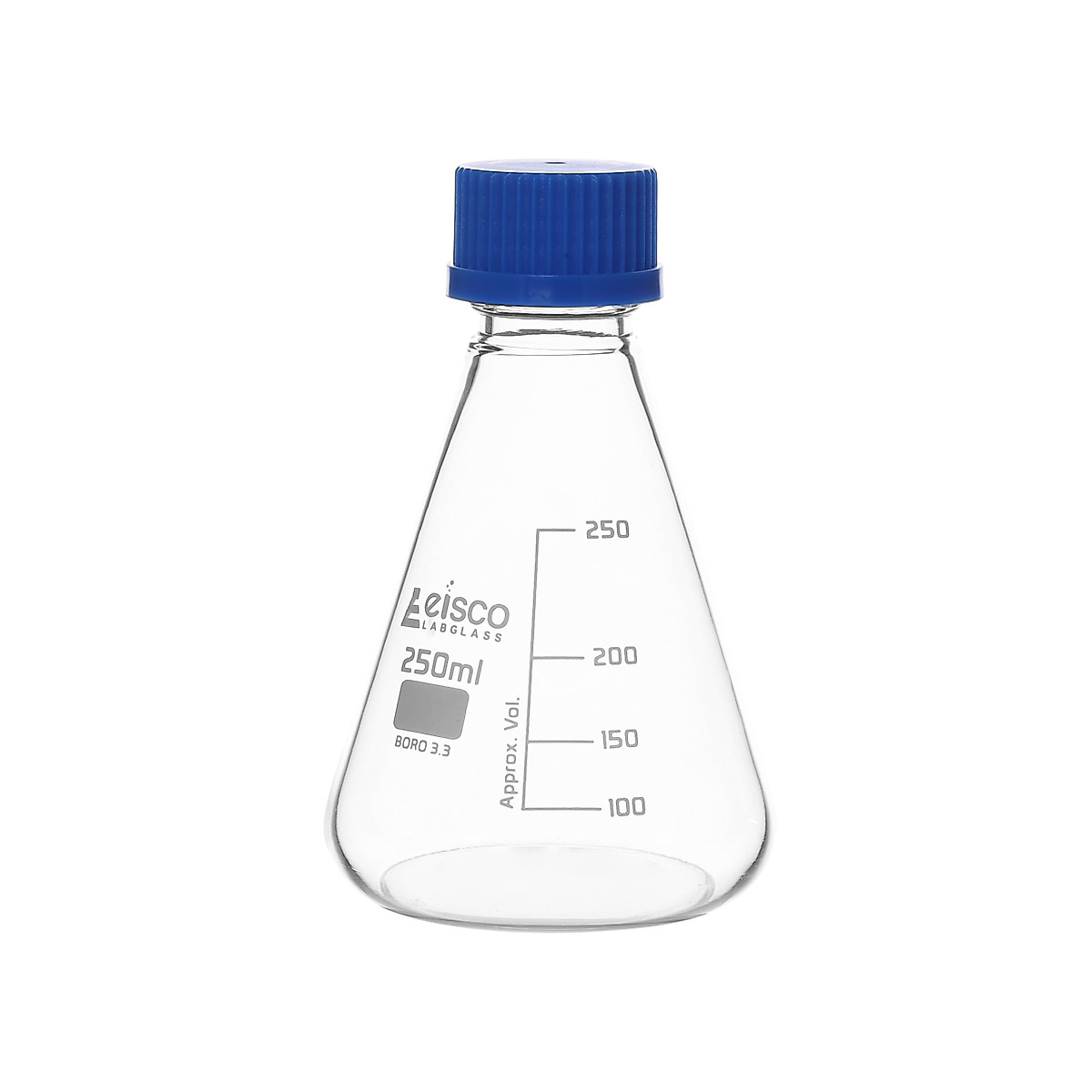 EISCO Erlenmeyer Flask, 250ml - Borosilicate Glass - with PTFE Screw Cap - Conical Shape - White Graduations