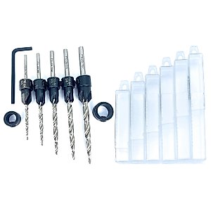 FTG USA Wood Countersink Drill Bit Set 5 Pc Countersink Drill bit #4#6#8#10#12 HSS M2 Tapered Drill Bits with Straight Shank Countersink bit, 2 Stop Collar, 1 Hex Wrench, 6 Countersink Storage Boxes