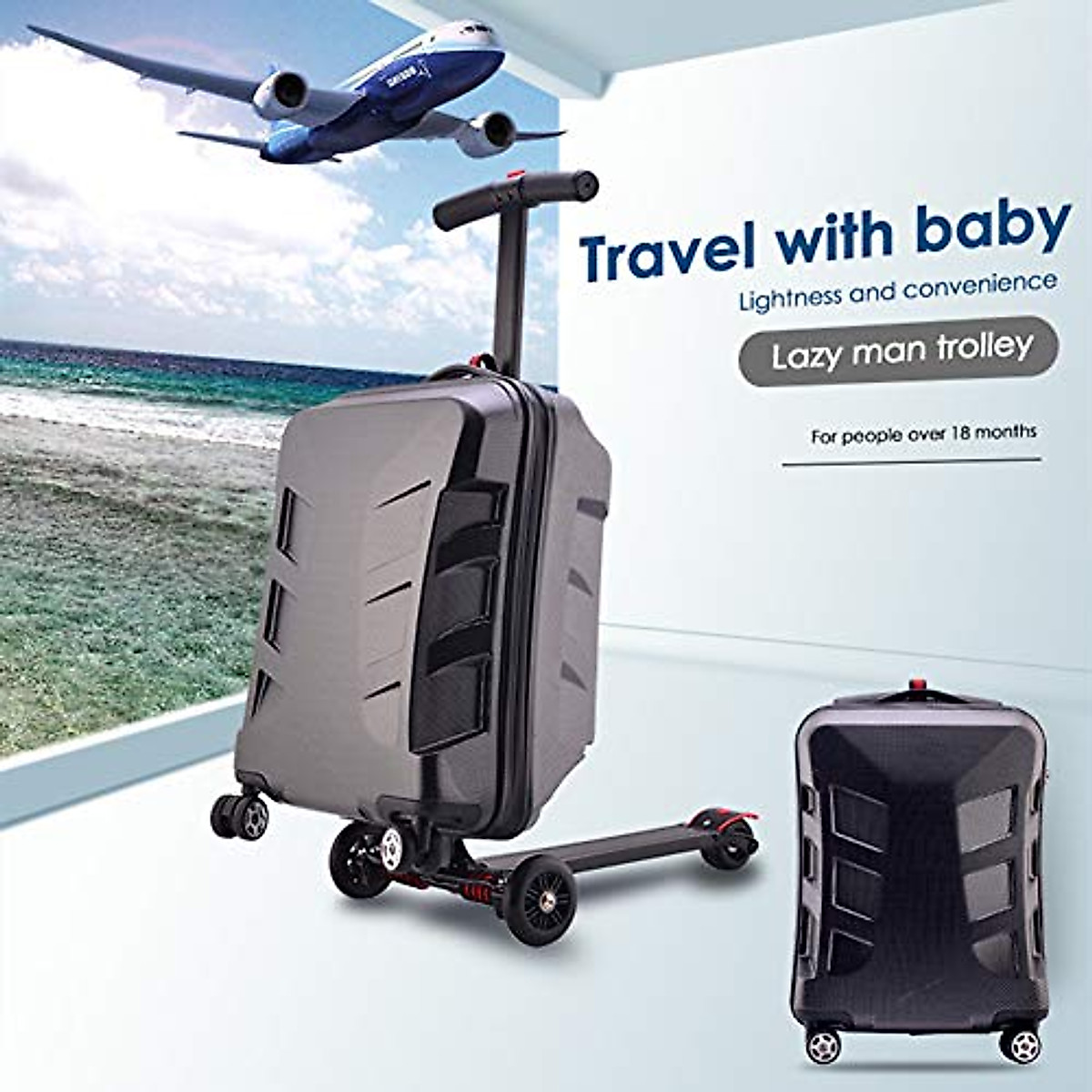 HBIAO Children's Luggage Suitcase, Kid's Riding Box Suitcase, Student Trolley Boarding Suitcase, Skateboard Trolley, Large-Capacity Travel Suitcase,Green