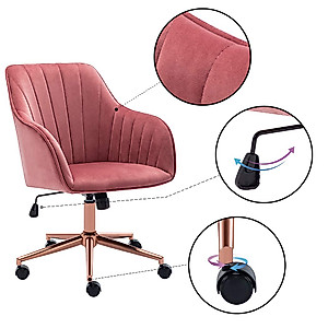DUHOME Home Office Chair Computer Desk Chair Armchair Task Chair Velvet Upholstered Chair Height Adjustable Comfortable Stool Swivel Rolling Chair with Rose Gold Metal Base Pink