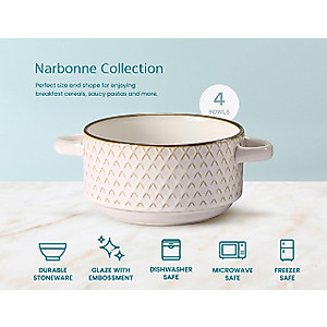 KooK Ceramic Soup Bowls with Handles, Embossed, for Cereal, Dessert, Pastas, Microwave & Dishwasher Safe, Ivory with Dark Copper Accents, Set of 4, 26.5 oz, Narbonne Collection