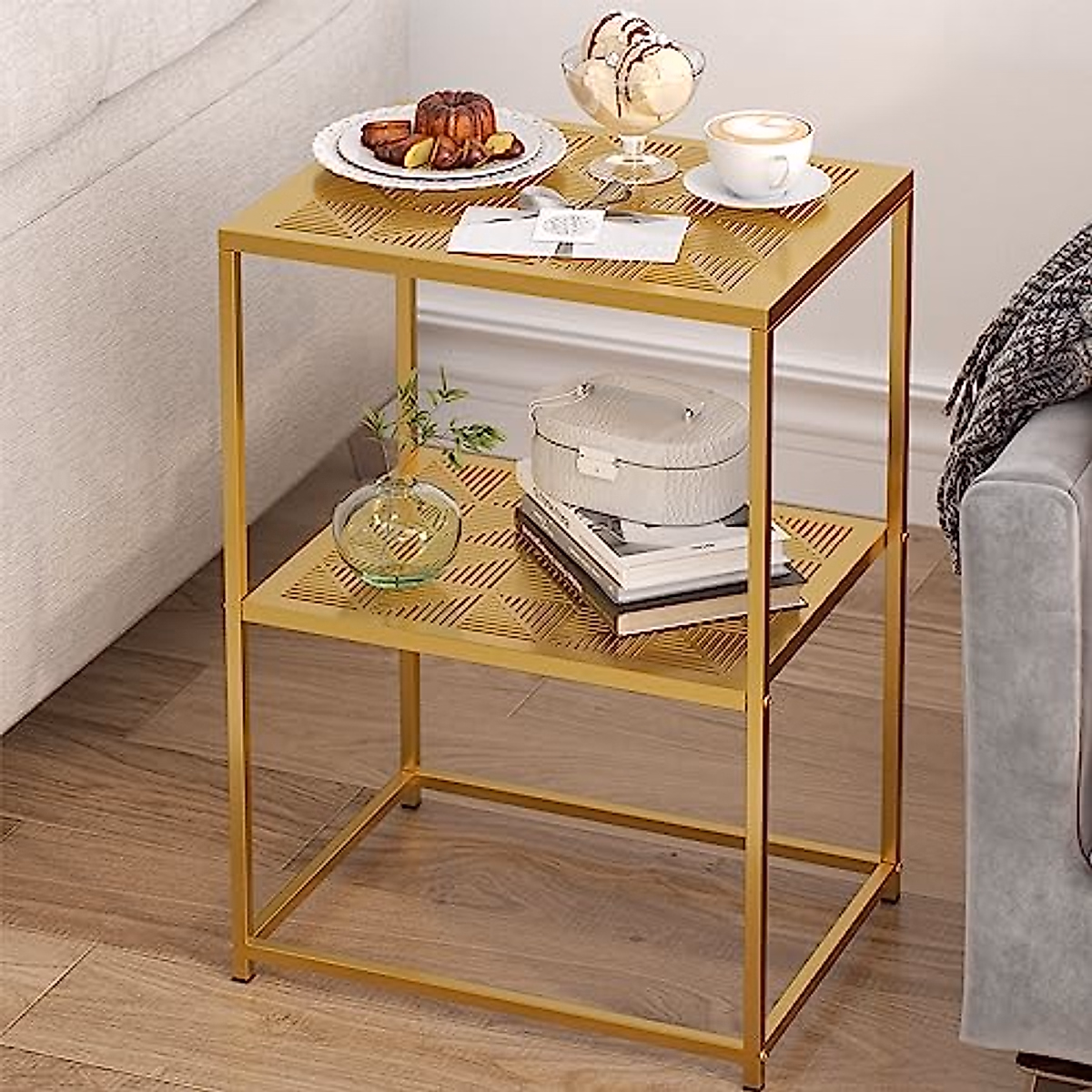 Yusong Narrow End Table, Small Gold Side Table for Small Spaces, Standing Metal Shelf, Night Stand Bedside Table for Bedroom, Sofa Couch Tables for Living Room, Gold