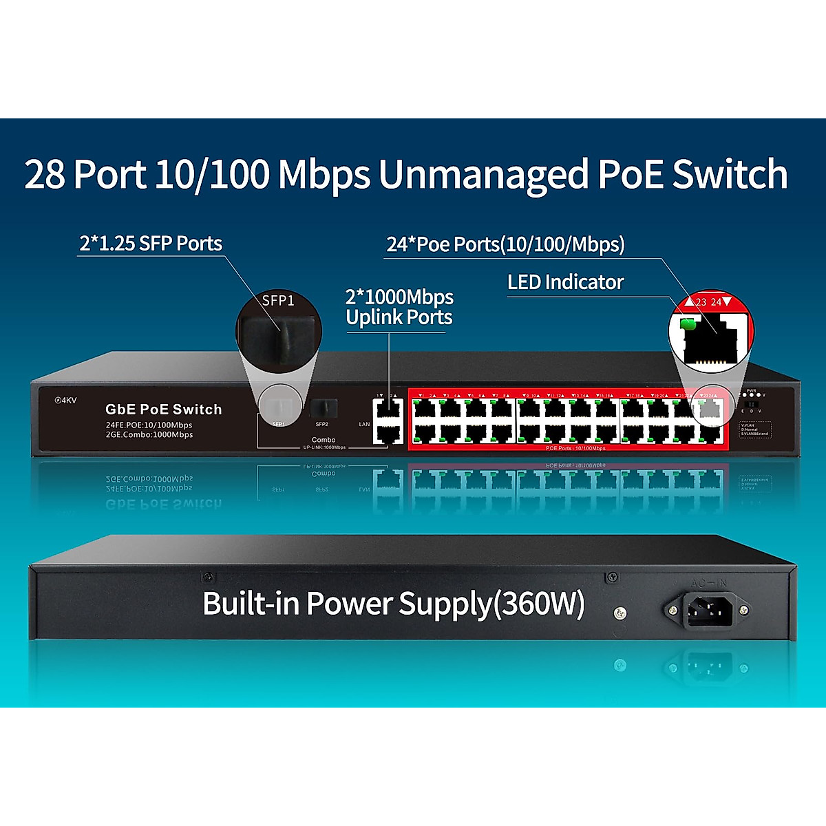 STEAMEMO 28 Port PoE Switch, 24 PoE+ Port@ 360W, 2 Gigabit Uplink, 2*1G SFP, 802.3af/at, Metal Casing 19-inch Rackmount, Overload Protection w/ Port, Unmanaged Plug and Play