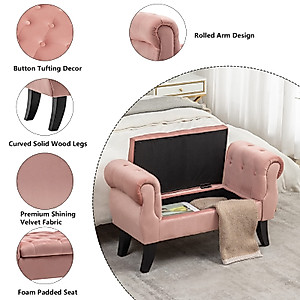 Setawix Rolled Arm Bed Bench with Storage Velvet Cushioned Bedroom Ottoman Benches End of Bed,Armed Entryway Window Seating Bench with Solid Wood Legs,Button Tufted (Pink)