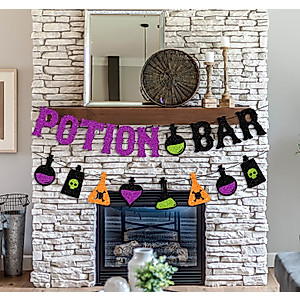 JOZON Glittery Potion Bar Banner with Potion Signs Halloween Hocus Pocus Witches Garland Banner Halloween Holiday Haunted House Party Decorations for Bar Mantle Fireplace Wall Party Supplies