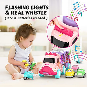 LASCOTON Toys for 1 2 3 Year Old Girl, 5-in-1 Carrier Truck for Toddler Girl, Friction Power Toy Cars with Light & Sound, Birthday Gifts, Pink