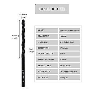 DelitonGude 17/64"inch HSS M35 Cobalt Twist Drill Bit,High Speed Steel,Pack of 5,Suitable for Steels,Cast Iron,Stainless Steel,Copper and Other Hard Metals（17/64inch）