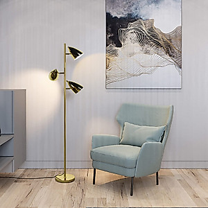 Tree Floor Lamp for Living Room, Industrial 3-Light Standing Lamp with 3 LED Bulbs, Adjustable Rotation Heads, Standing Tall Pole Lamp Farmhouse Rustic Reading Lamps for Bedroom Office (Gold)
