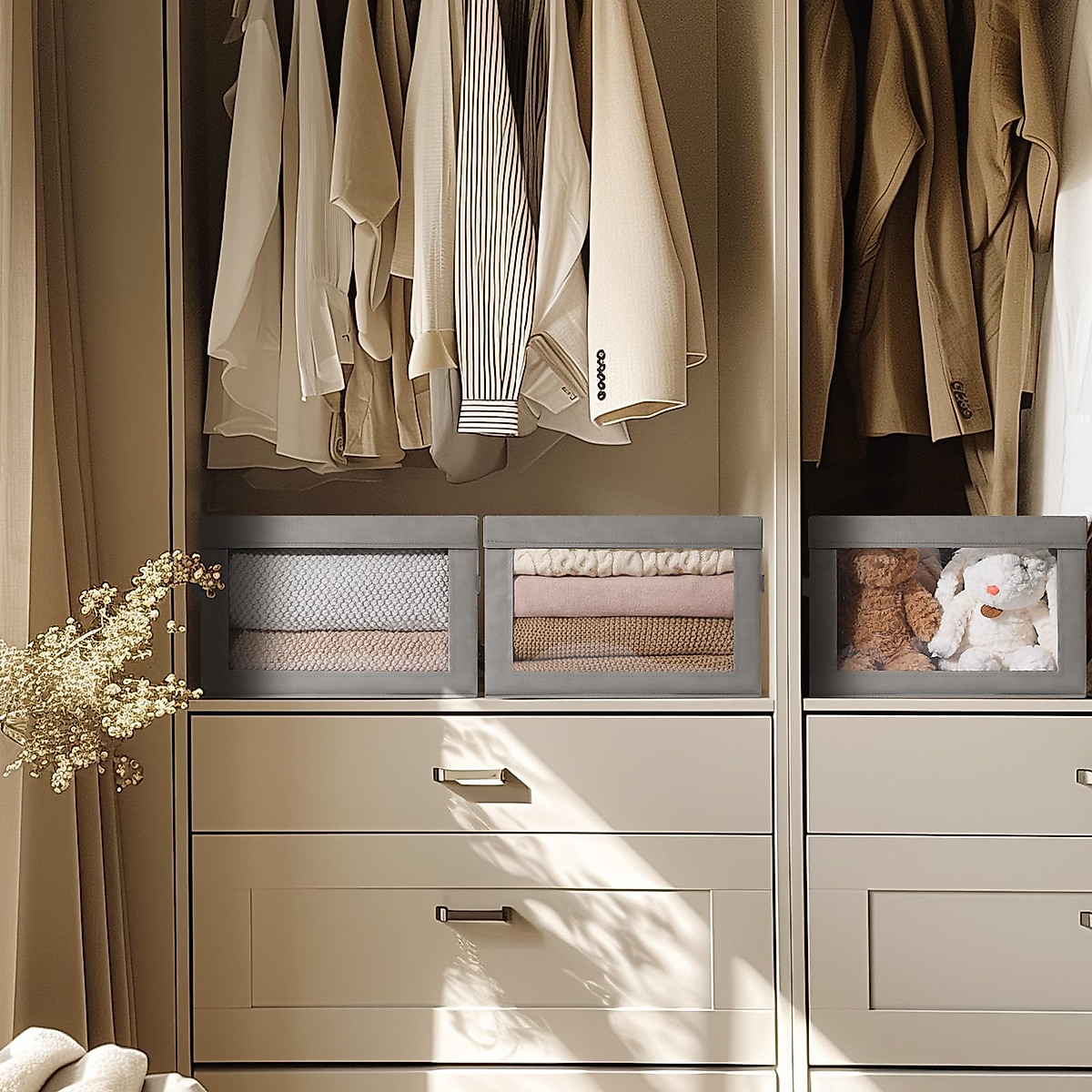 Homsorout Storage Bins with Lids - Fabric Storage Bins with Handles, Foldable Closet Organizers and Storage, Storage Boxes with Window for Closet, Clothes, Towels (Grey, Set of 4)