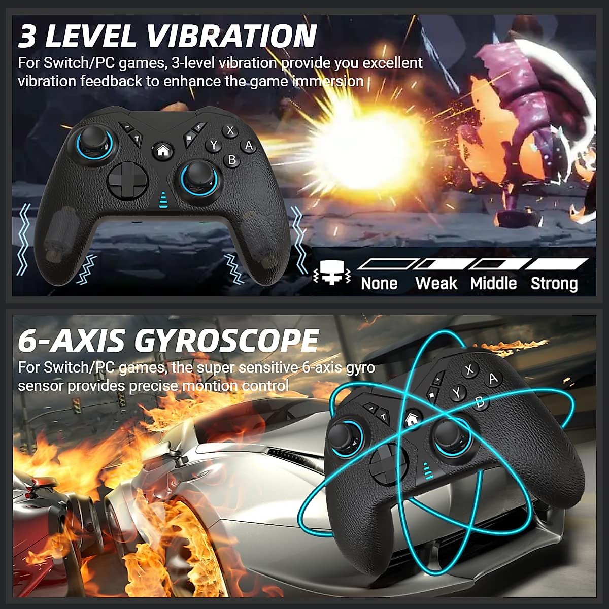 arVin Wireless Gaming Controller for iPhone/iOS/Android/PC/Steam/Switch Controllers Bluetooth Gamepad Joystick with 4 Back Button/Turbo/6-Axis Gyro/Dual Motors/RGB Light/Phone Holder/1200mAh Battery