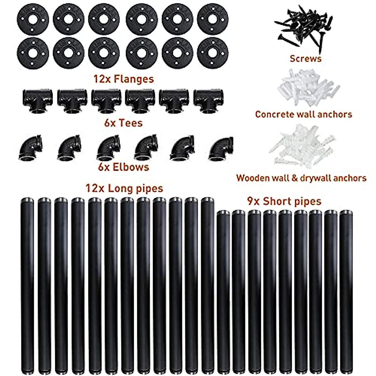 HITOMEN Industrial Iron Pipe Shelves Shelf Brackets Black Vintage Retro Shelving Wall Mounted DIY Open Bookshelf Rustic Farmhouse Pantry Kitchen Storage (3Pcs 4 Tier, 42" Tall 12" Deep, Hardware Only)